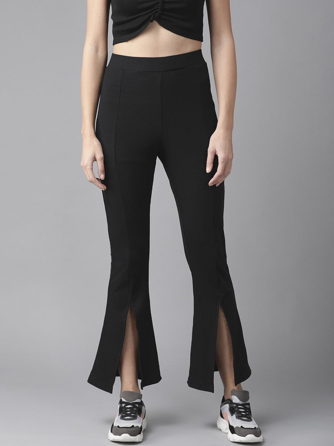 Buy Roadster Women Black Front Slit Trousers - Trousers for Women ...