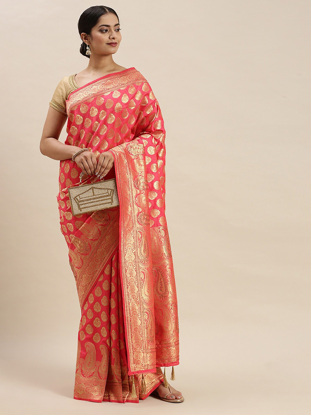 Buy Soch Women Coral Gold Toned Embellished & Woven Designed Saree ...
