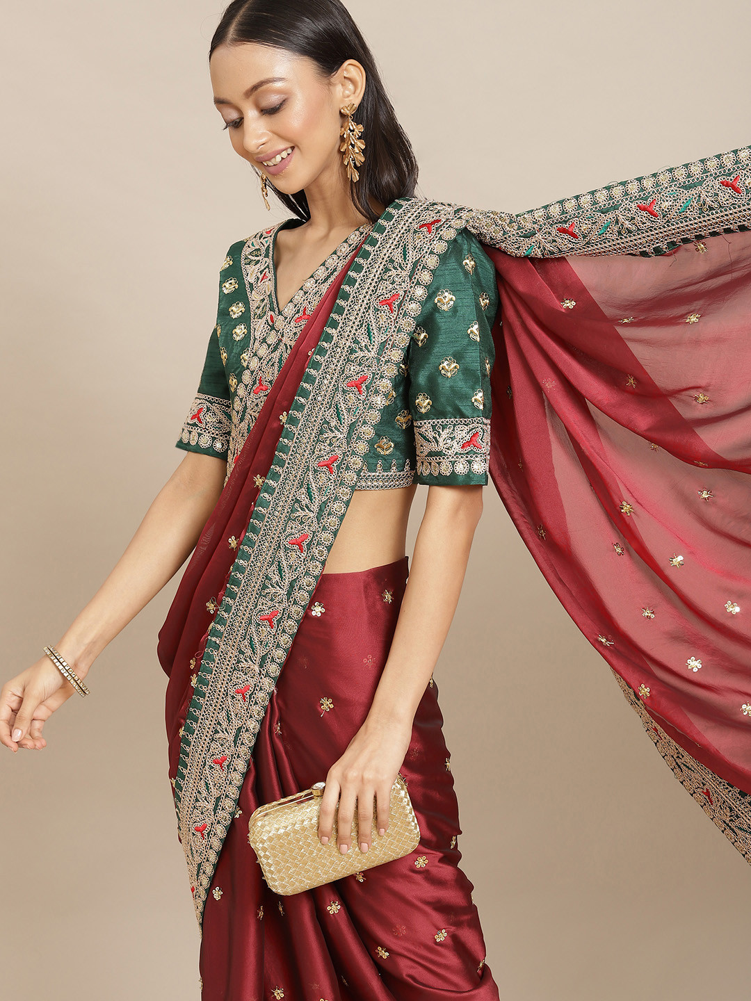 Buy Mitera Maroon & Green Sequinned Silk Blend Ethnic Embellished Saree ...