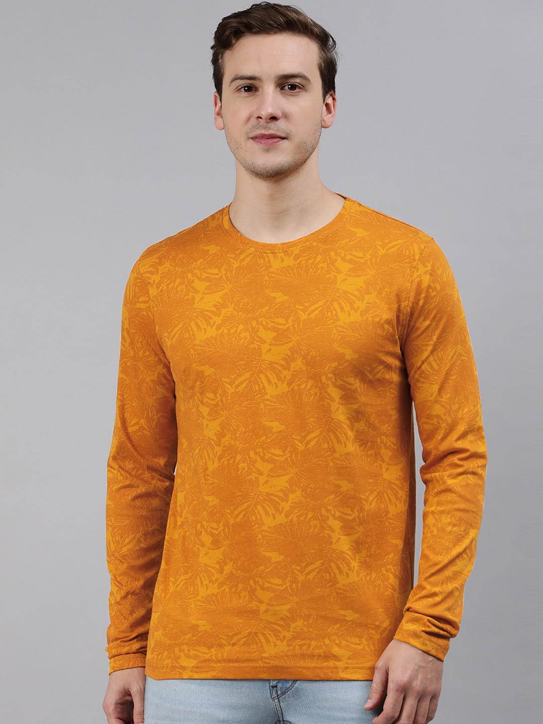 Buy Urbano Fashion Men Mustard Yellow Printed Slim Fit Pure Cotton T ...