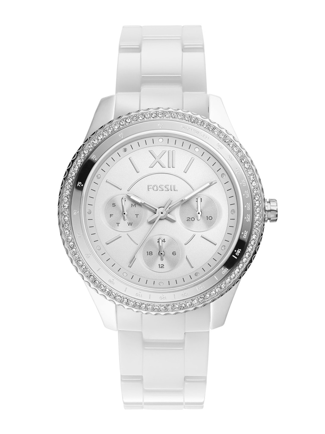 Buy Fossil Women Silver Toned Embellished Dial& White Ceramic Analogue ...