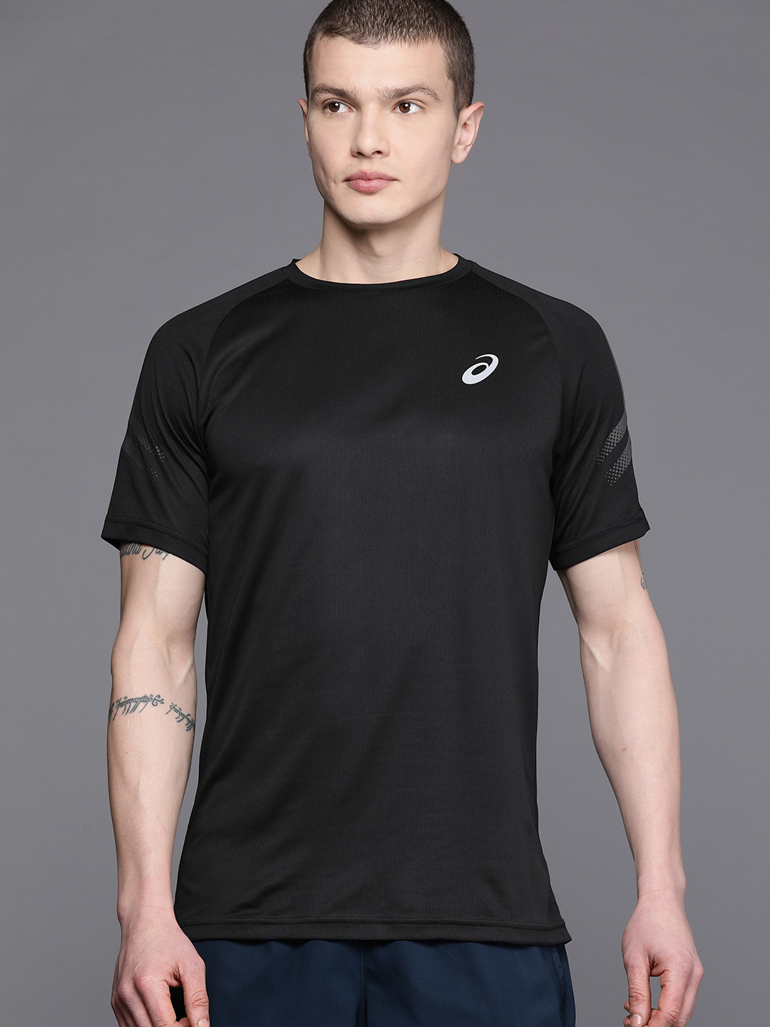Buy ASICS Self Striped Round Neck Running T Shirt With Brand Logo Print ...