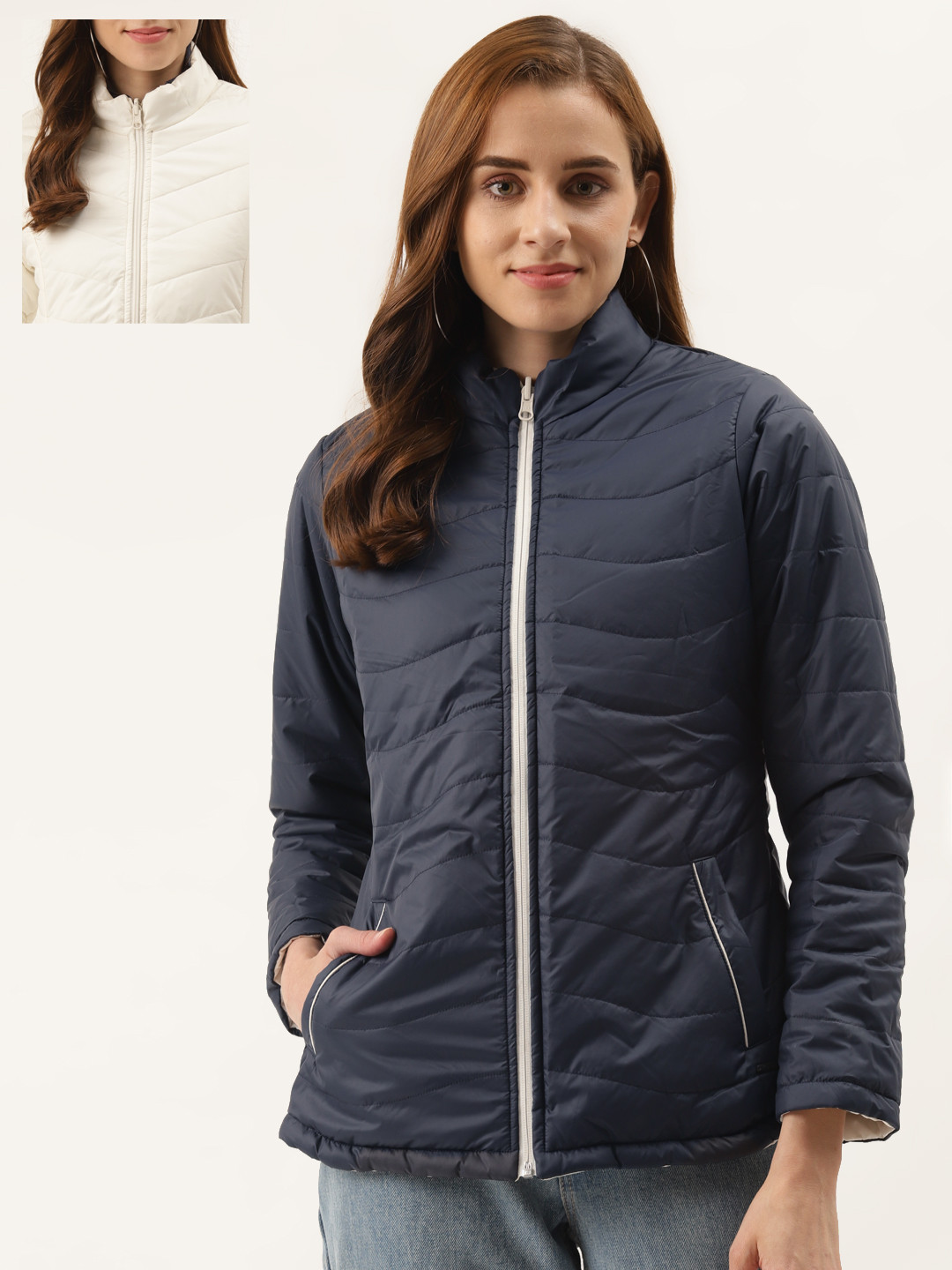 Buy Duke Women Navy Blue & White Reversible Padded Jacket - Jackets for ...