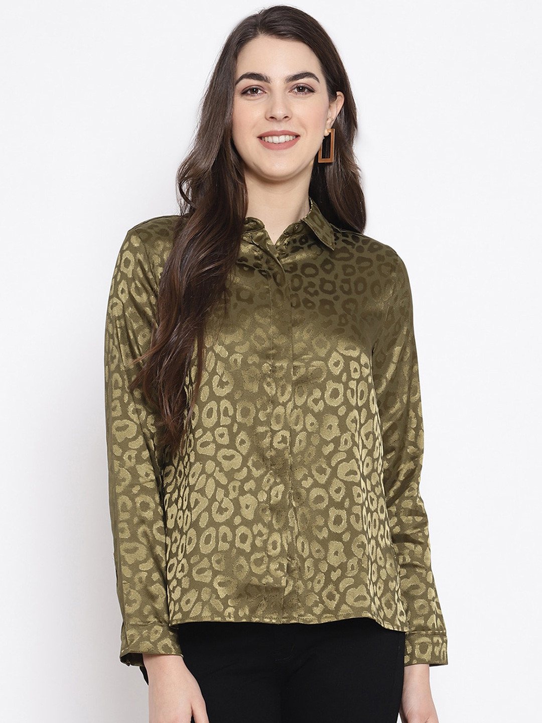 Buy Iki Chic Olive Green Animal Printed Sheen Shirt Style Top - Tops ...
