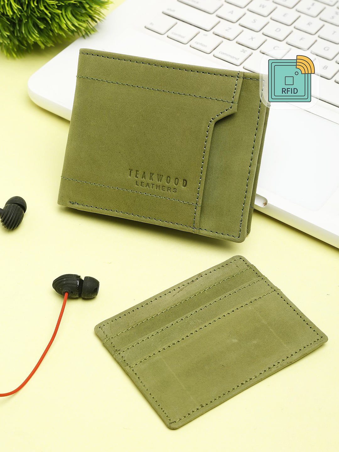 Buy Teakwood Leathers Men Olive Green Solid Leather Two Fold Wallet ...