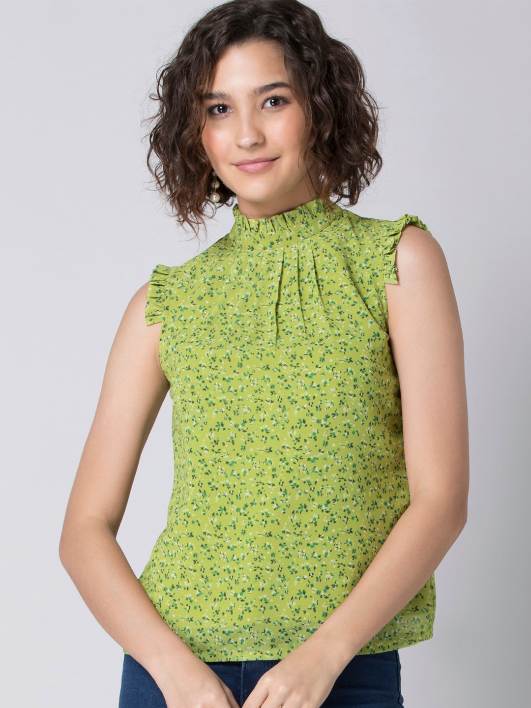 Buy FabAlley Green Ditsy Floral High Neck Ruffled Top - Tops for Women ...