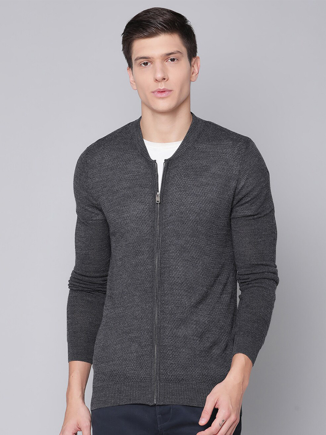 Buy Bruun & Stengade Men Charcoal Grey Cardigan With Zip Detail ...