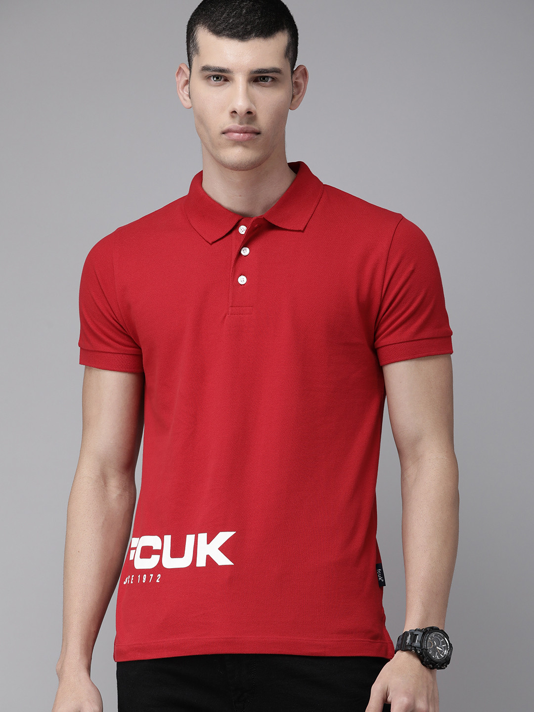 Buy French Connection Men Red Typography Printed Polo Collar Slim Fit T ...