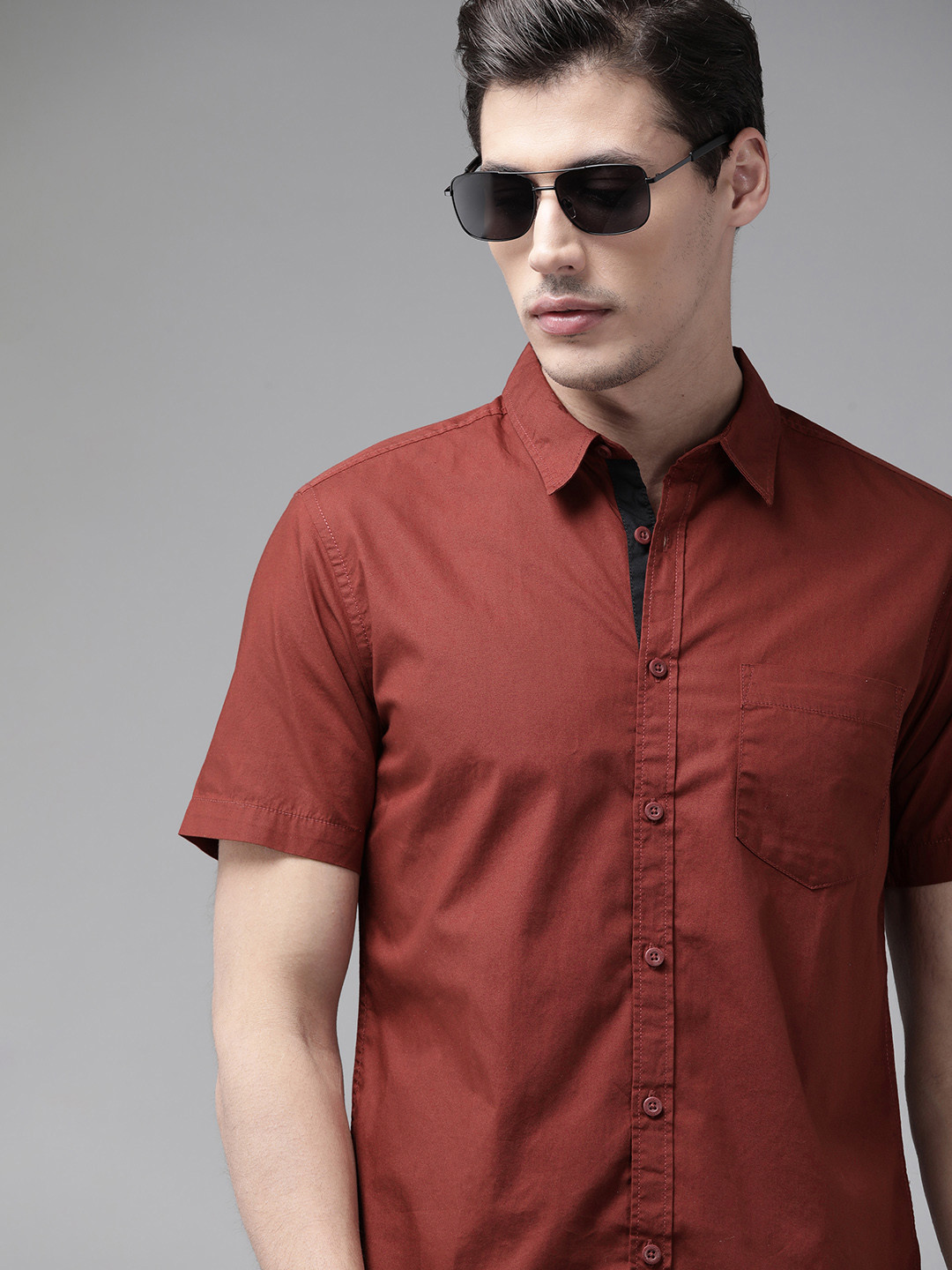 Buy Roadster Men Rust Red Solid Pure Cotton Casual Shirt - Shirts for ...