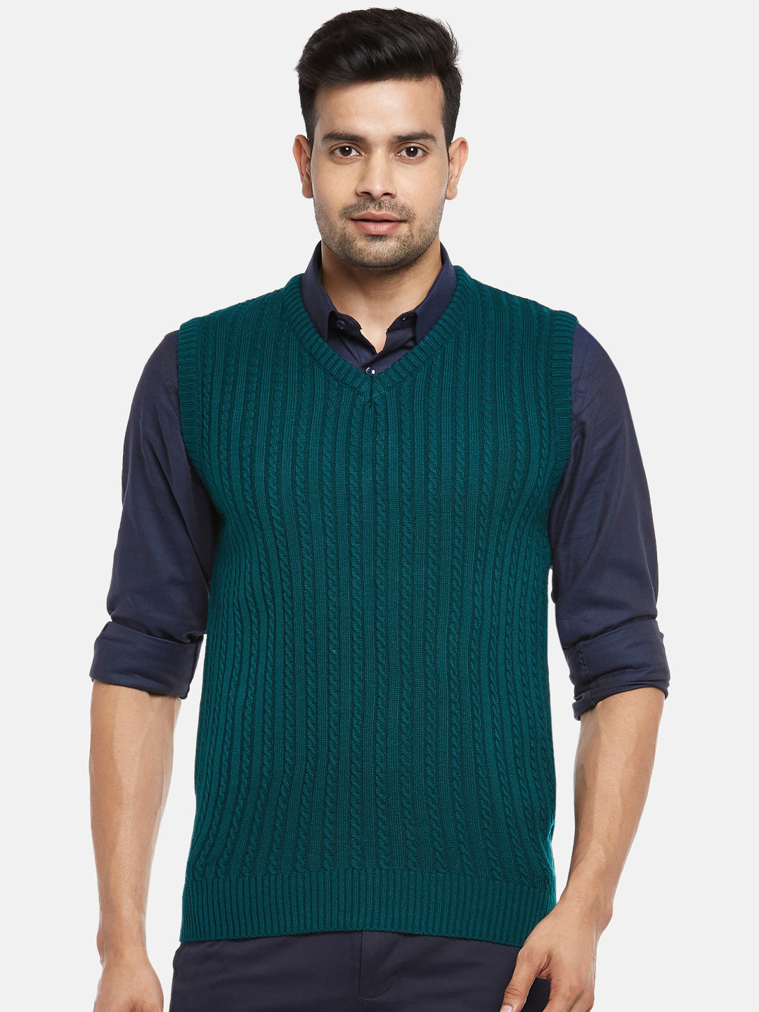 Buy BYFORD By Pantaloons Men Green Cable Knit Acrylic Sweater Vest ...