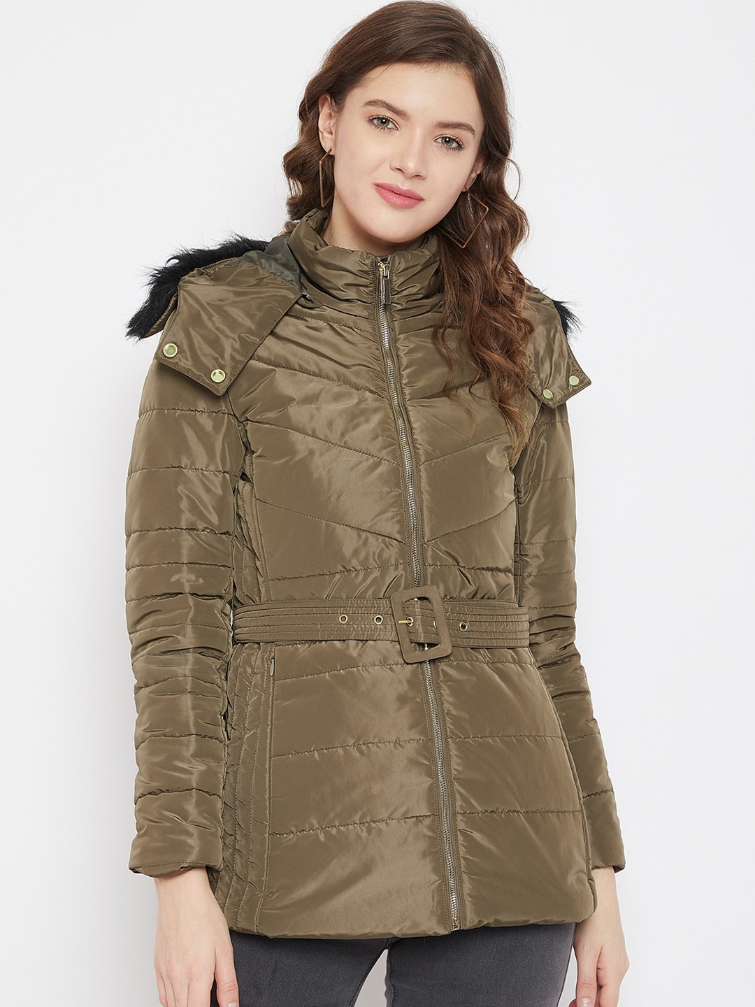 Buy Madame Women Olive Green Windcheater Longline Parka Jacket ...