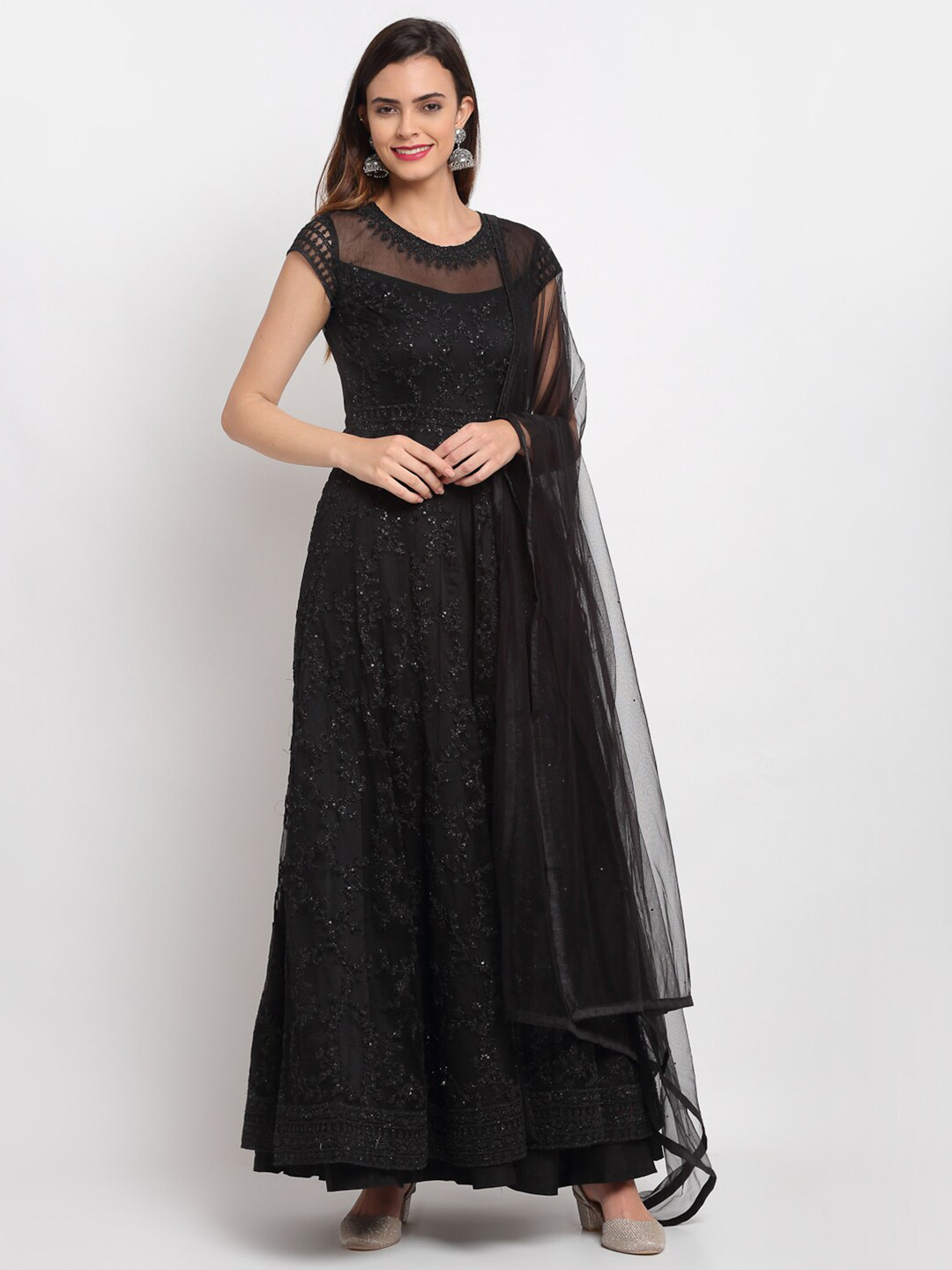 Buy Stylee LIFESTYLE Black Embellished Semi Stitched Dress Material ...