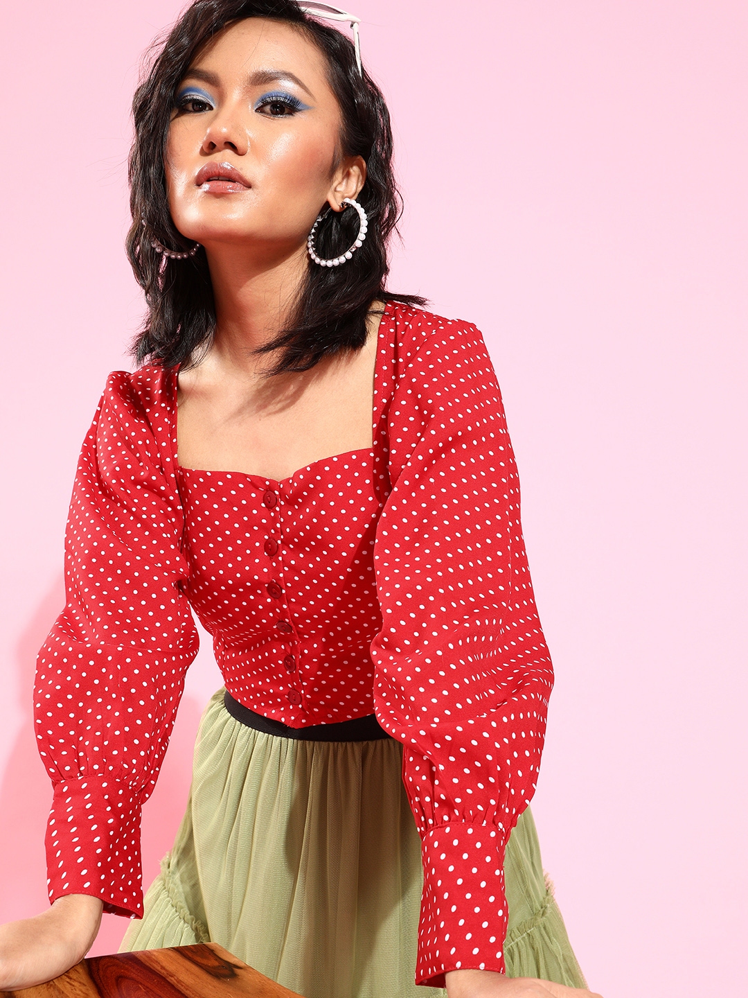 Buy Uandf Women Red And White Polka Dot Print Sweetheart Neck Power