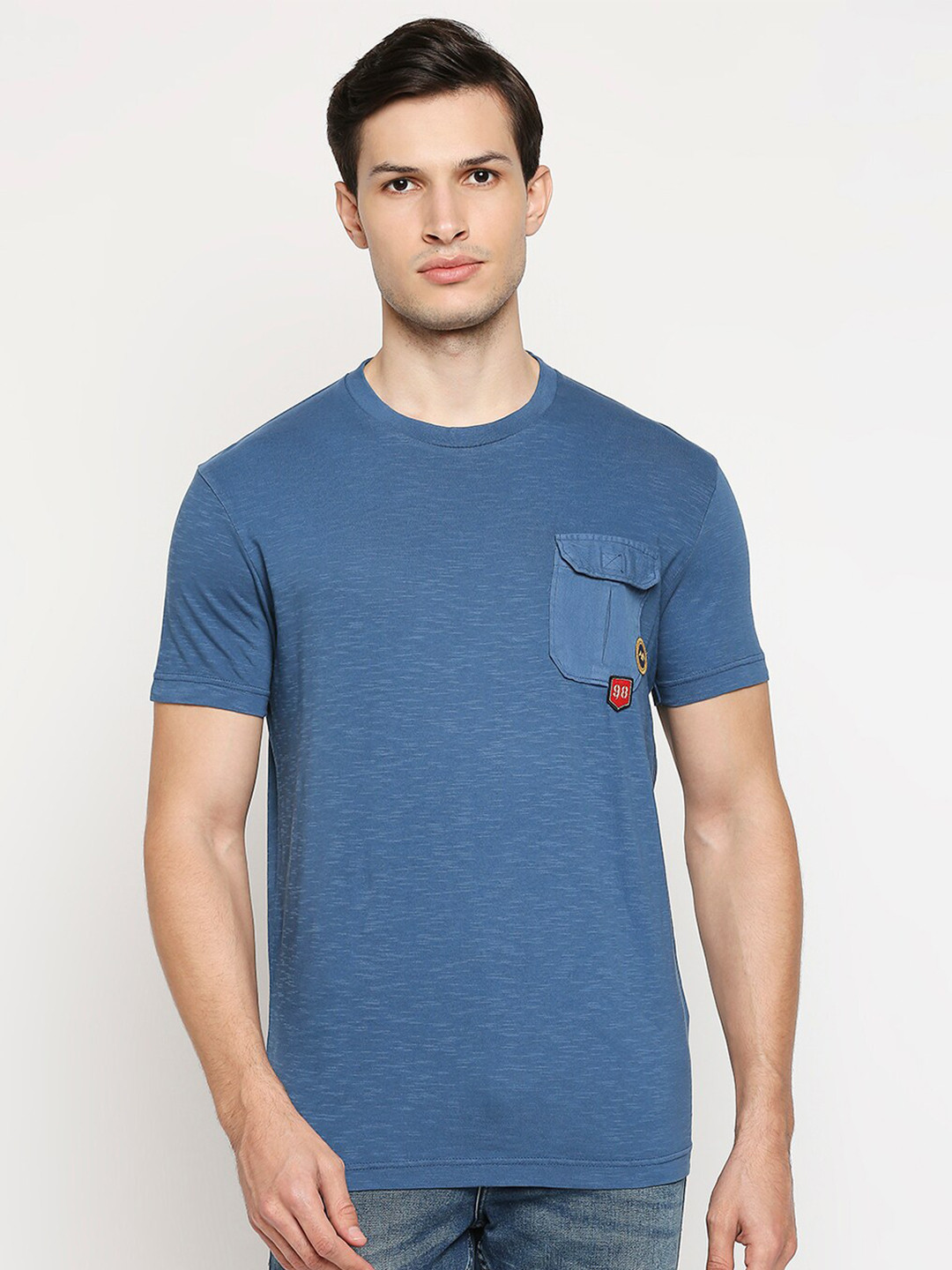 Buy Mufti Men Blue Pockets Slim Fit Cotton Pure Cotton T Shirt ...