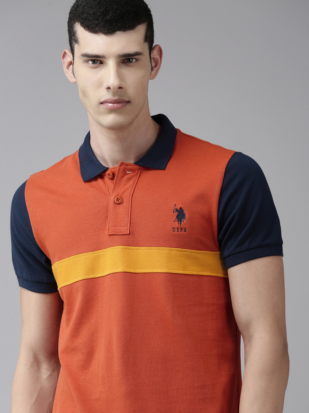 Buy U S Polo Assn Men Rust Striped Contrast Polo Collar Slim Fit T ...