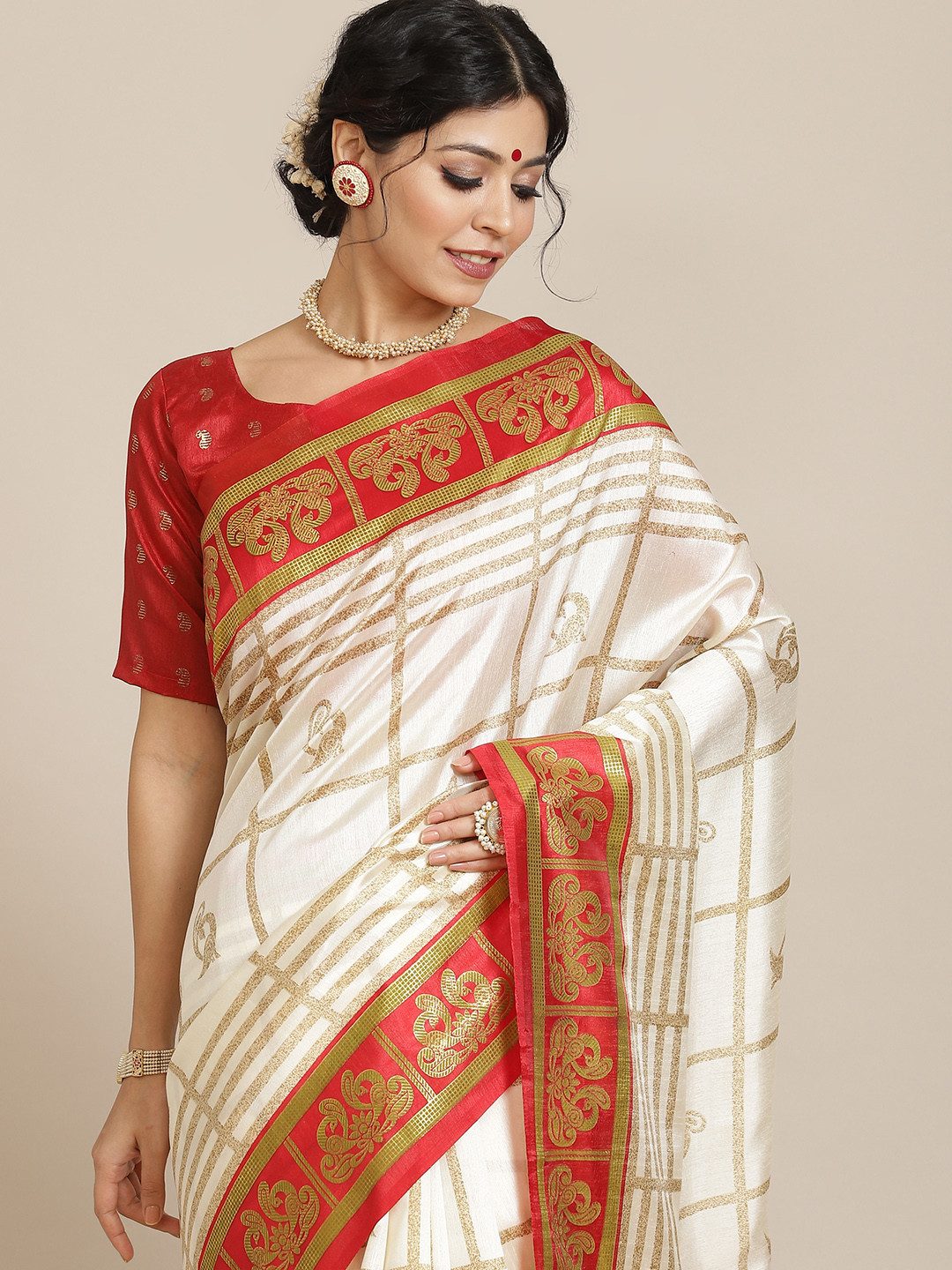 Buy Saree Mall Off White & Red Checked Silk Blend Sarees - Sarees for ...