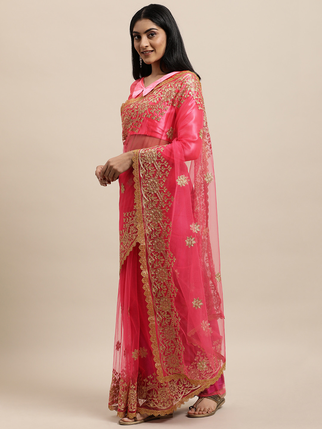 Buy Mameraa Pink Floral Embroidered Net Saree - Sarees for Women ...