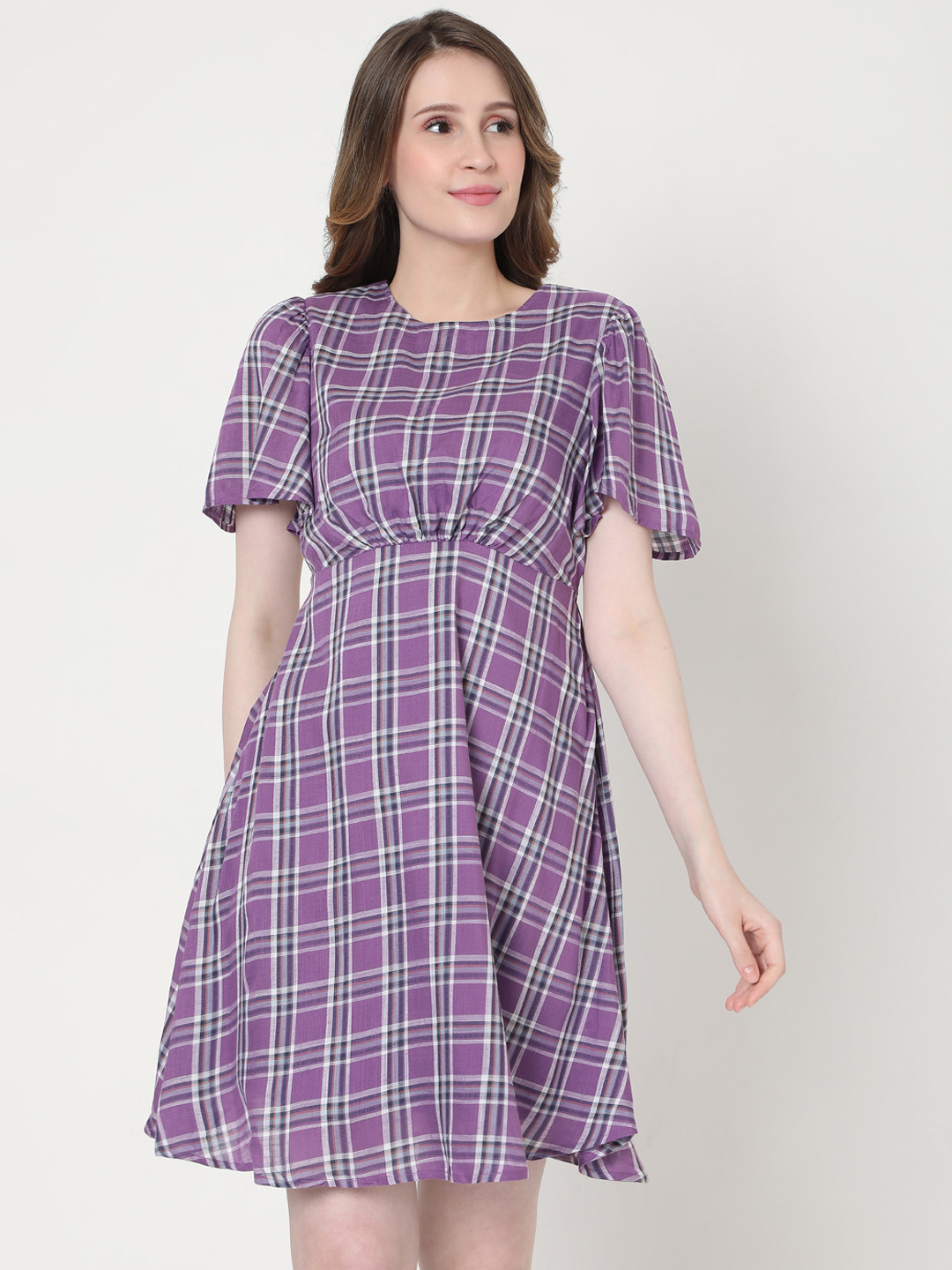 Buy Vero Moda Purple & Grey Checked Fit And Flare Gathered Dress ...