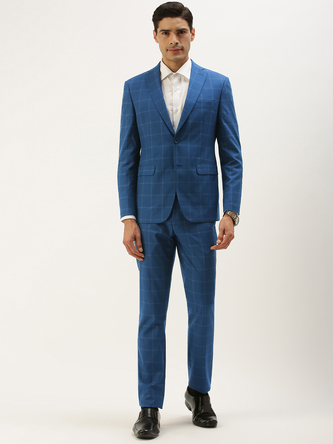 Buy Peter England Men Blue Checked Neo Slim Fit Single Breasted Formal ...