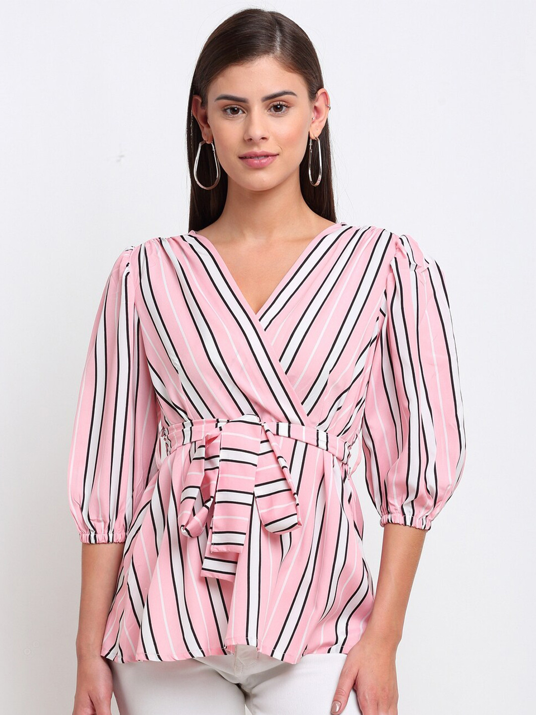 Buy Emeros Pink & White Striped Crepe Wrap Top - Tops for Women ...