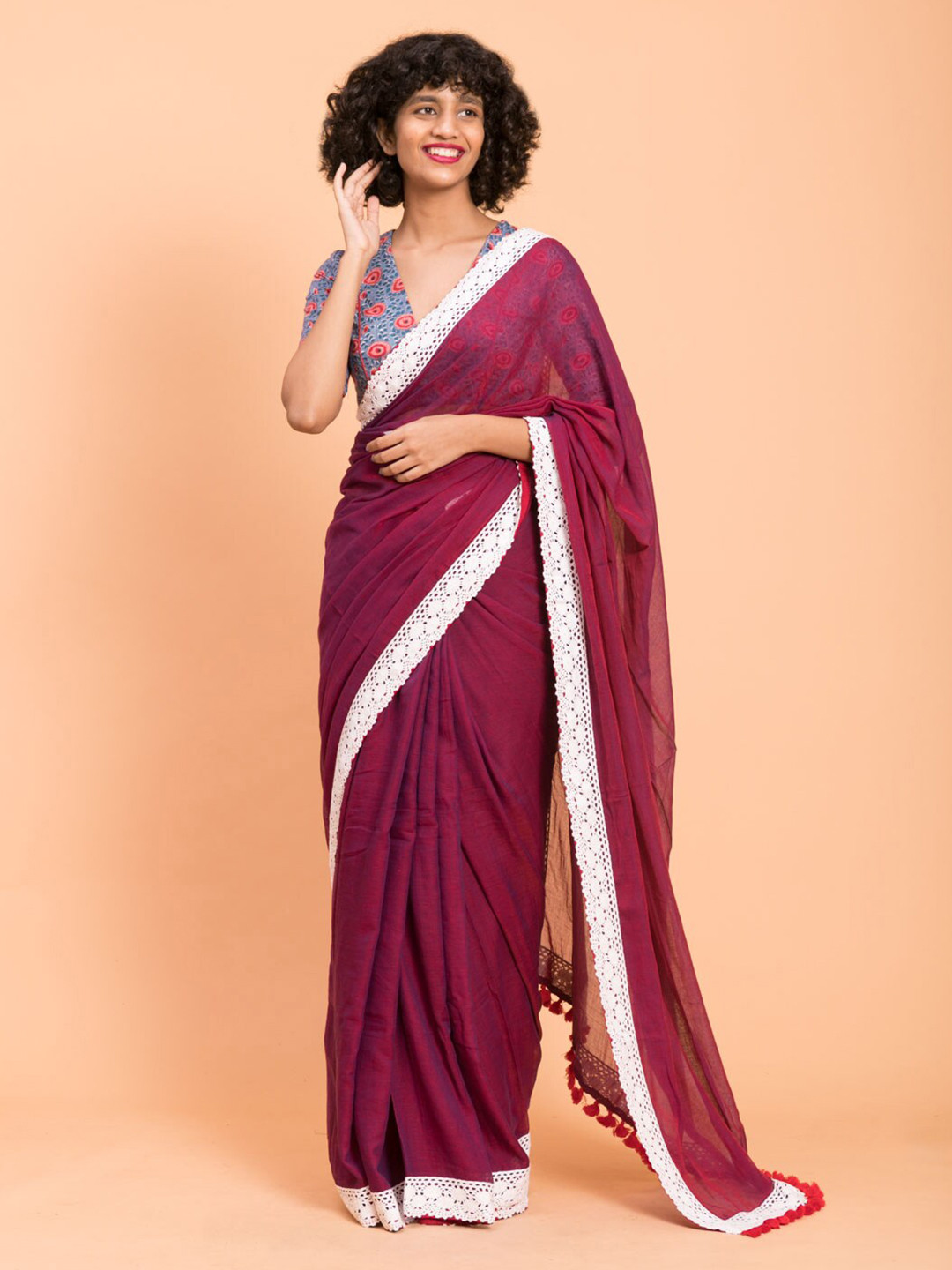 Buy Suta Pink & White Lace Solid Pure Cotton Saree - Sarees for Women ...