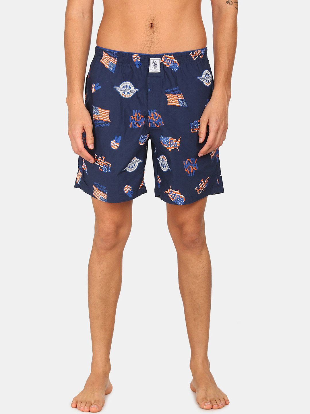 Buy U.S. Polo Assn. Men Navy Blue & Orange Printed Pure Cotton Boxers ...