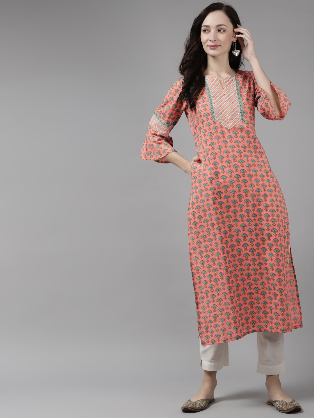 Buy Amirah S Women Peach Coloured Ethnic Motifs Printed Bell Sleeves