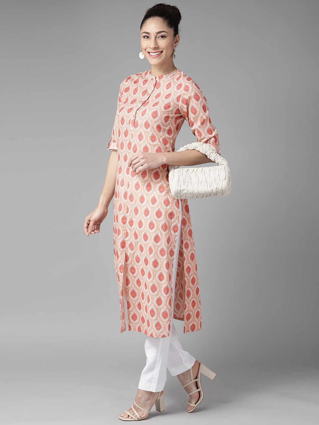 Buy Amirah S Women Peach Coloured And Red Pure Cotton Ethnic Motifs
