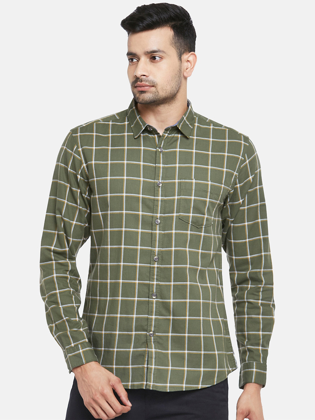 Buy BYFORD By Pantaloons Men Green Slim Fit Opaque Checked Casual Shirt ...