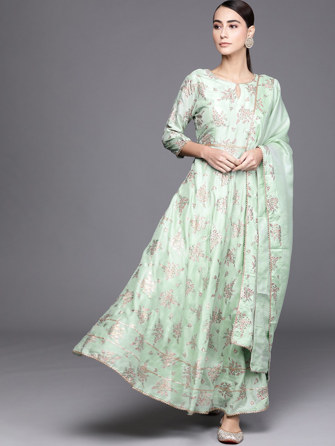 Buy Libas Women Green And Peach Coloured Ethnic Motifs Maxi Dress With