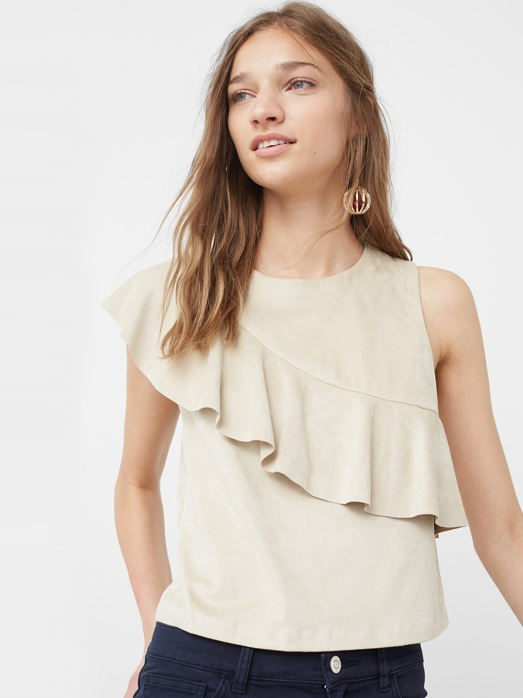 Buy MANGO Women Beige Solid Ruffle Detail Top - Tops for Women 1526007 ...