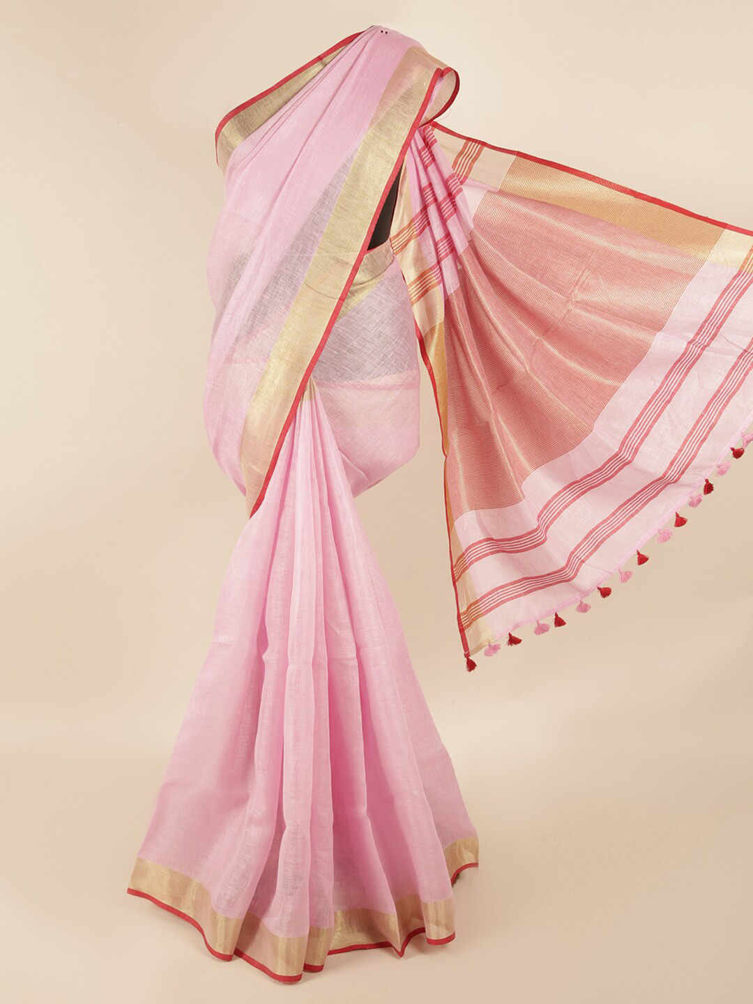 Buy Pothys Pink & Gold Coloured Zari Linen Blend Saree - Sarees for ...