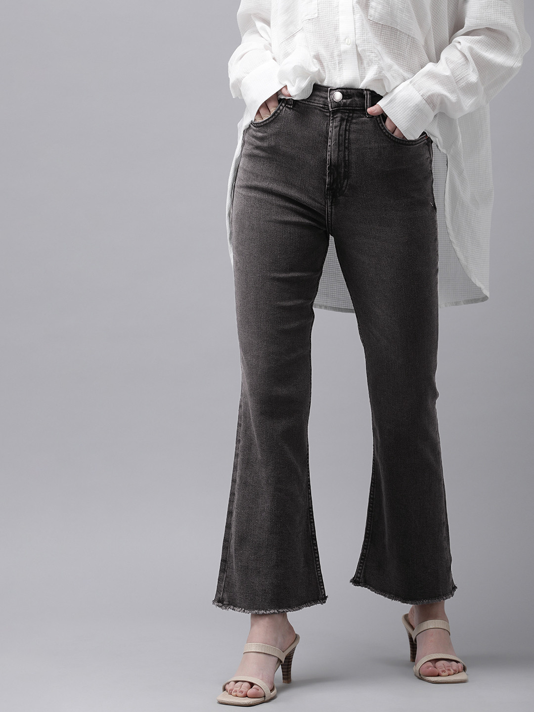 Buy MANGO Women Charcoal Mid Rise Bootcut Flared Cropped Stretchable ...