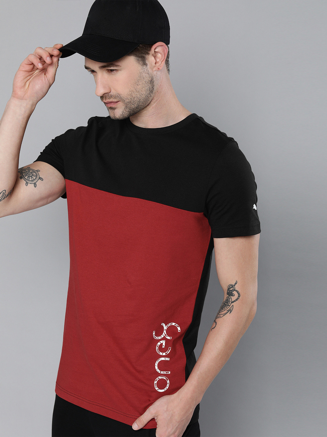 Buy One8 X PUMA Men Black & Red Colourblocked Slim Fit Pure Cotton ...