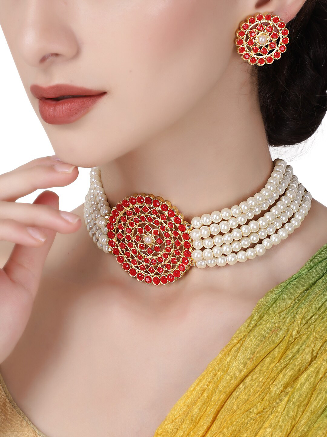 Buy Shining Diva Gold Plated Red & White Stone Studded & Pearl Beaded ...