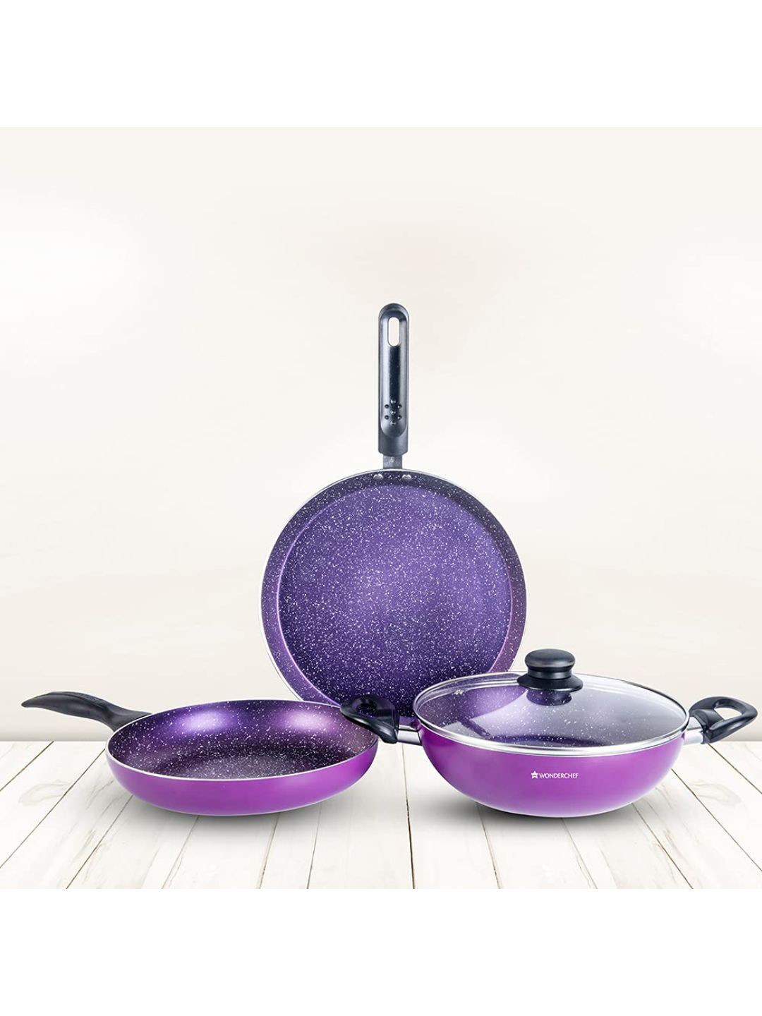 Buy Wonderchef Set Of 3 Purple Solid Non Stick Cookware - Cookware Set ...