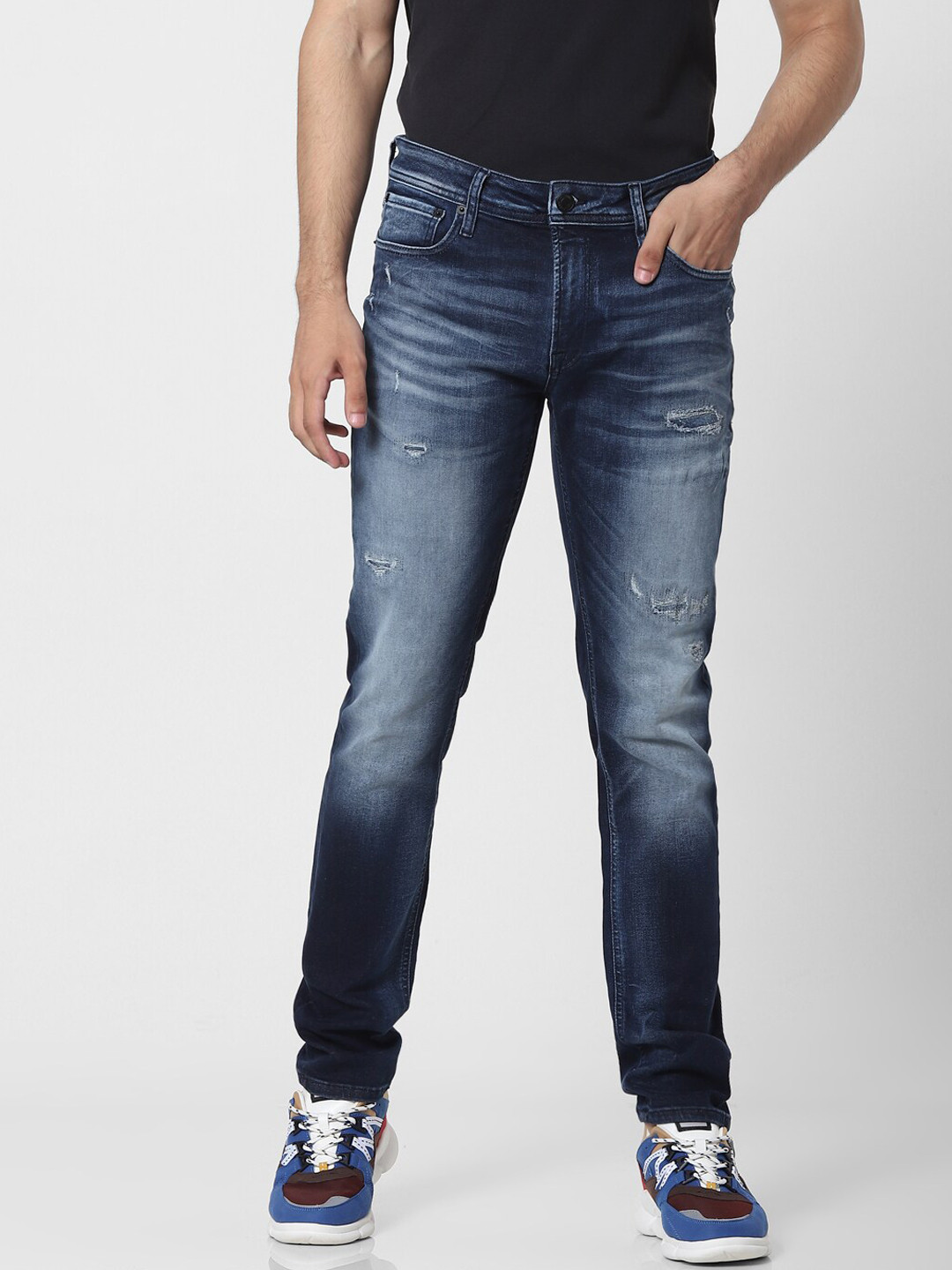 Buy Jack & Jones Men Blue Slim Fit Mildly Distressed Heavy Fade Jeans ...