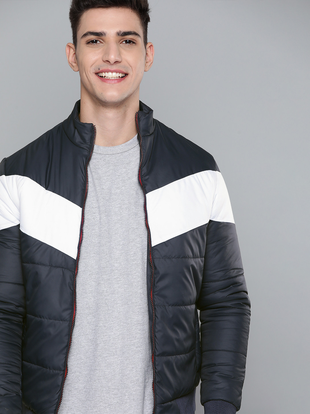 Buy Mast & Harbour Men Navy Blue & White Colourblocked Padded Jacket ...