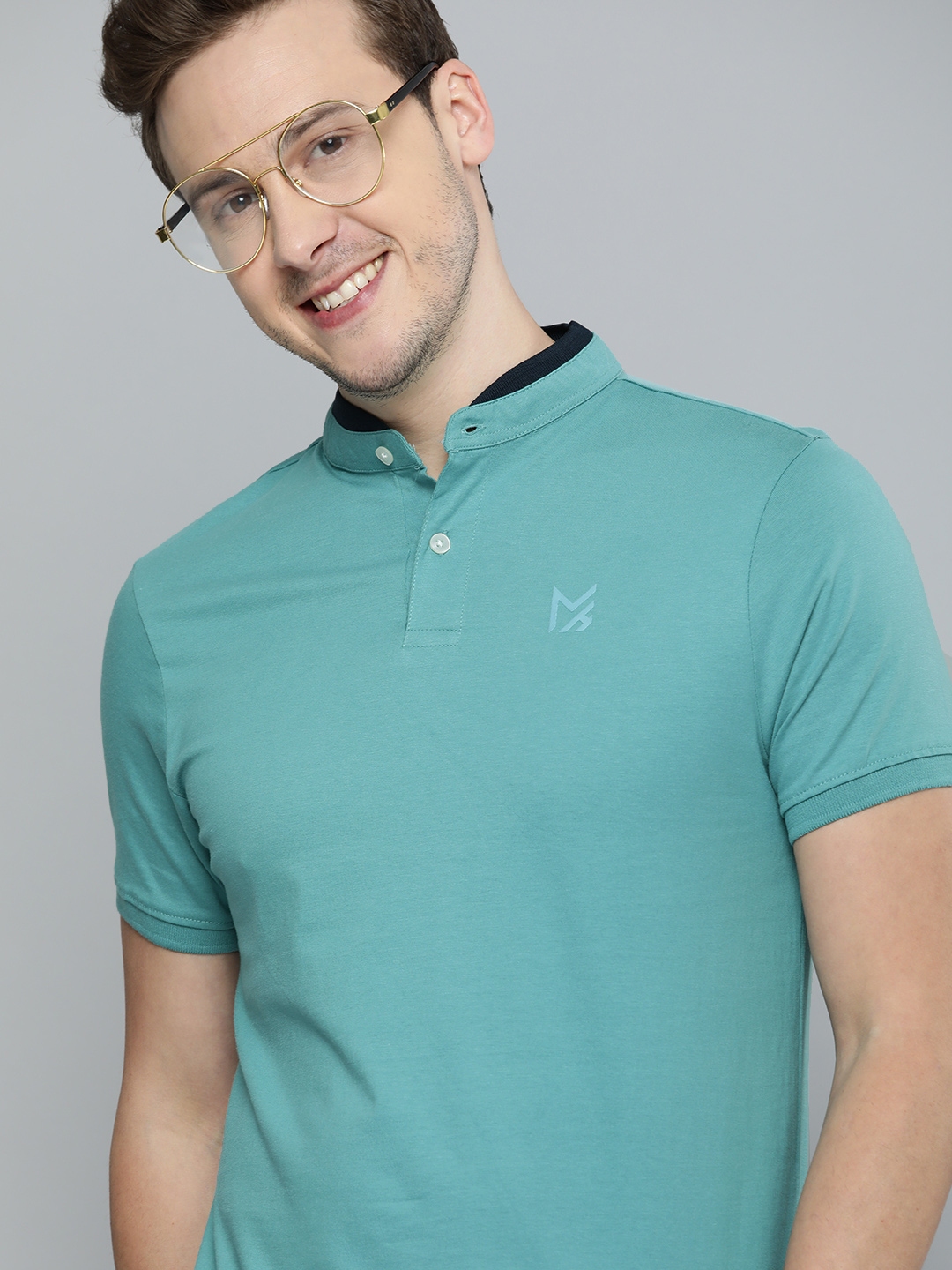 Buy Mast Harbour Men Turquoise Blue Solid Mandarin Collar Pure Cotton T