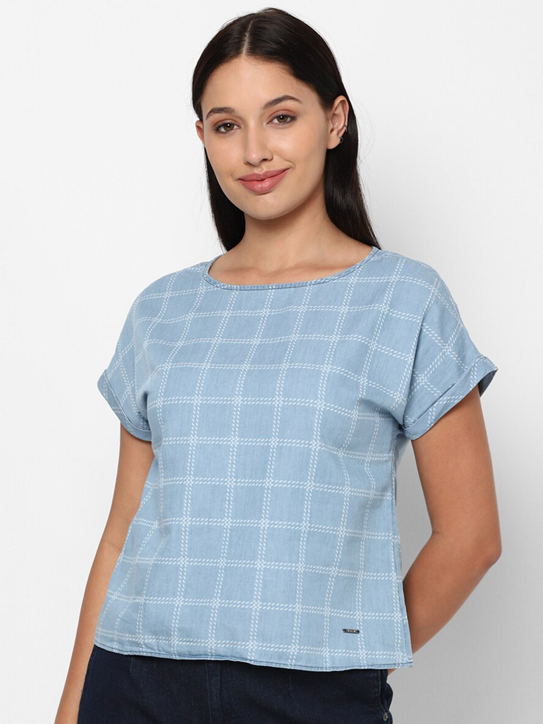 Buy Allen Solly Woman Women Blue & White Checked Extended Sleeves ...