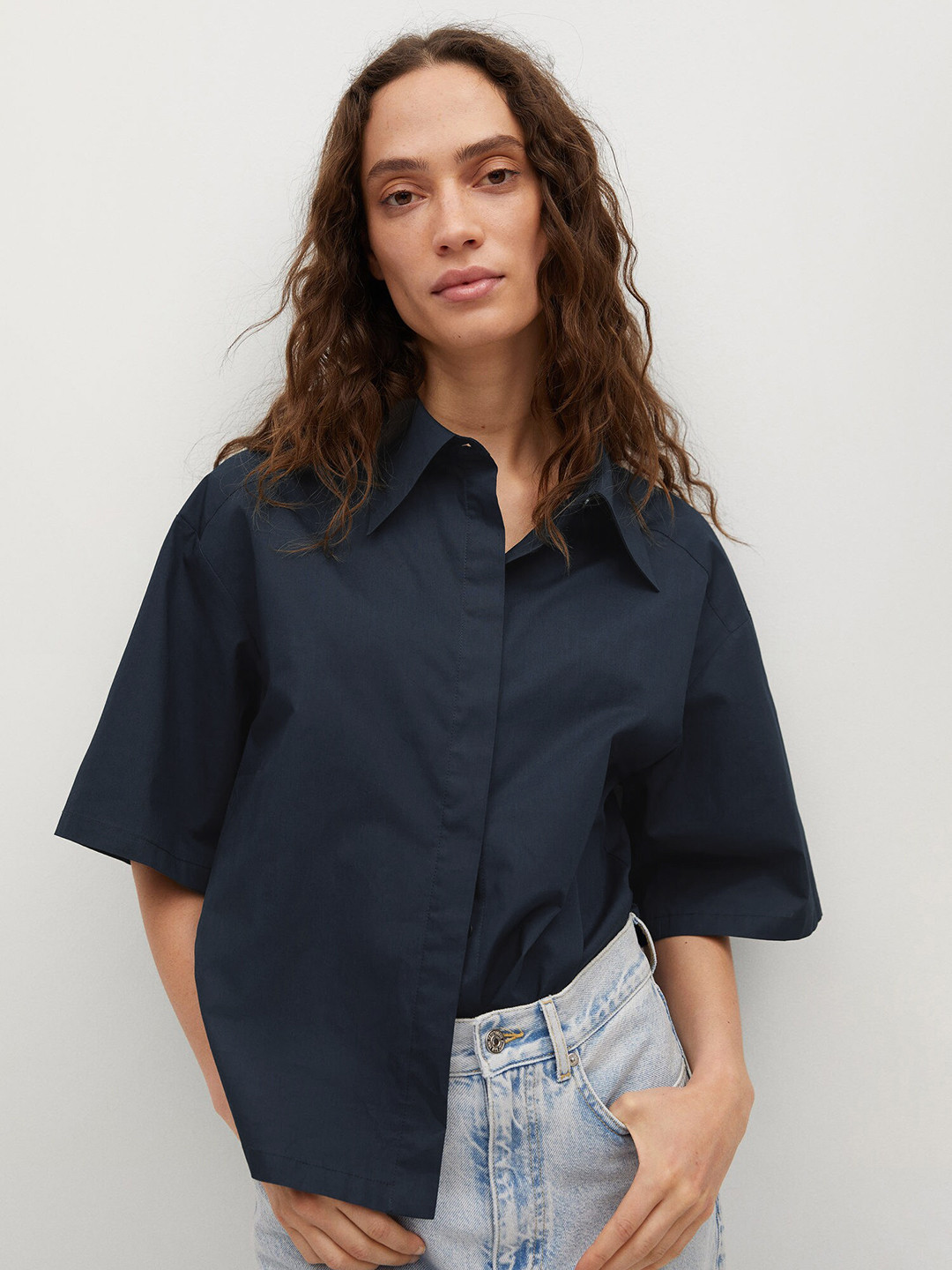 Buy MANGO Women Navy Blue Opaque Casual Shirt - Shirts for Women ...