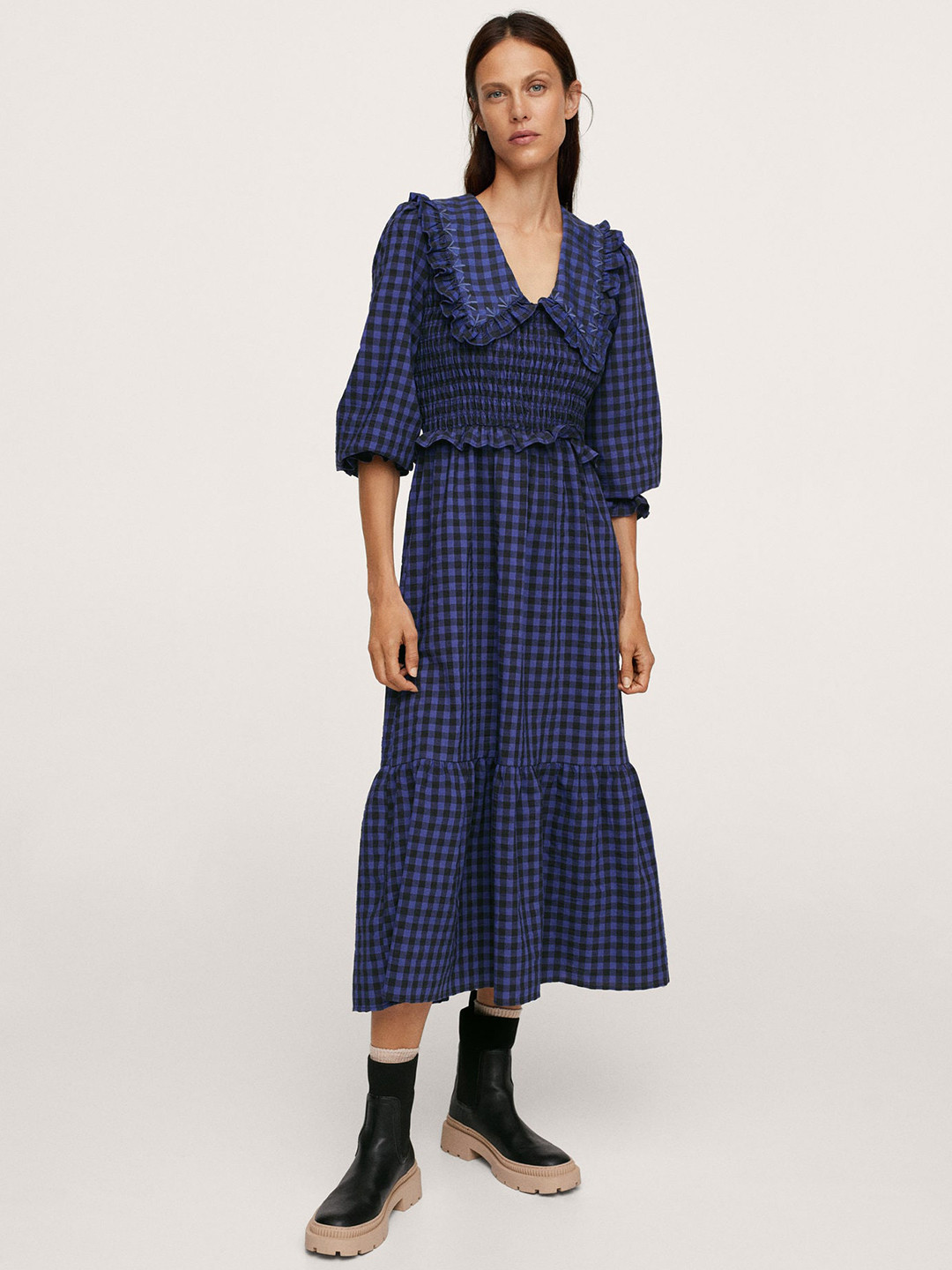 Buy MANGO Blue & Black Checked Tiered Midi A Line Dress - Dresses for ...