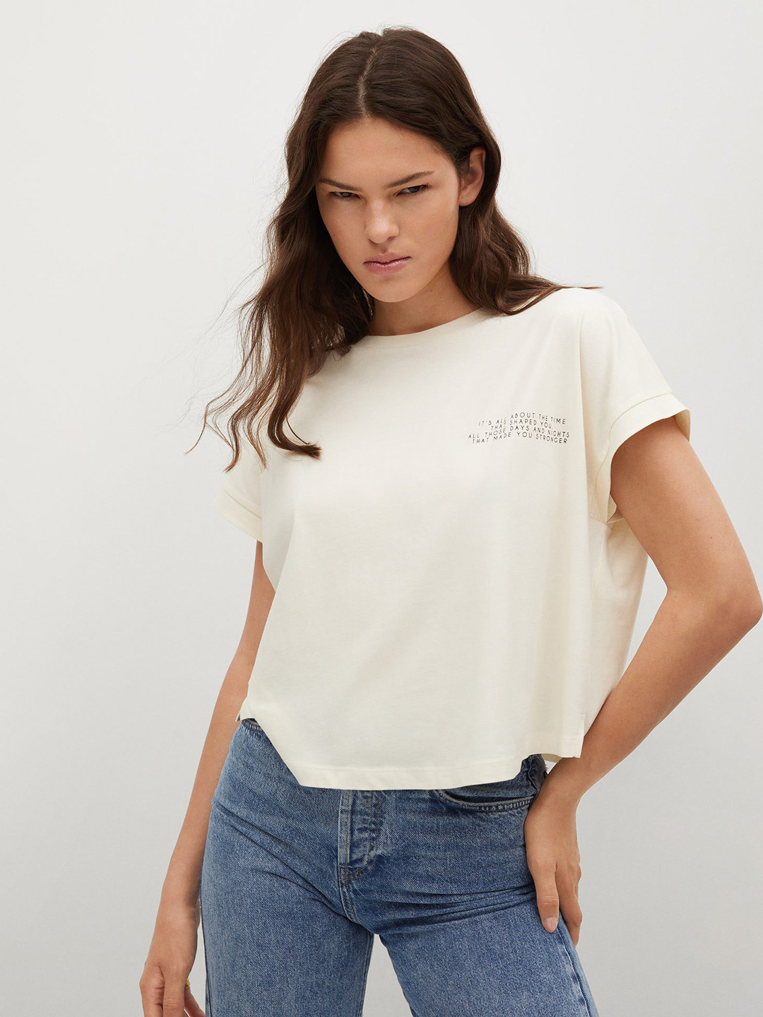 Buy MANGO Women Off White Typography Printed Pure Cotton Extended ...