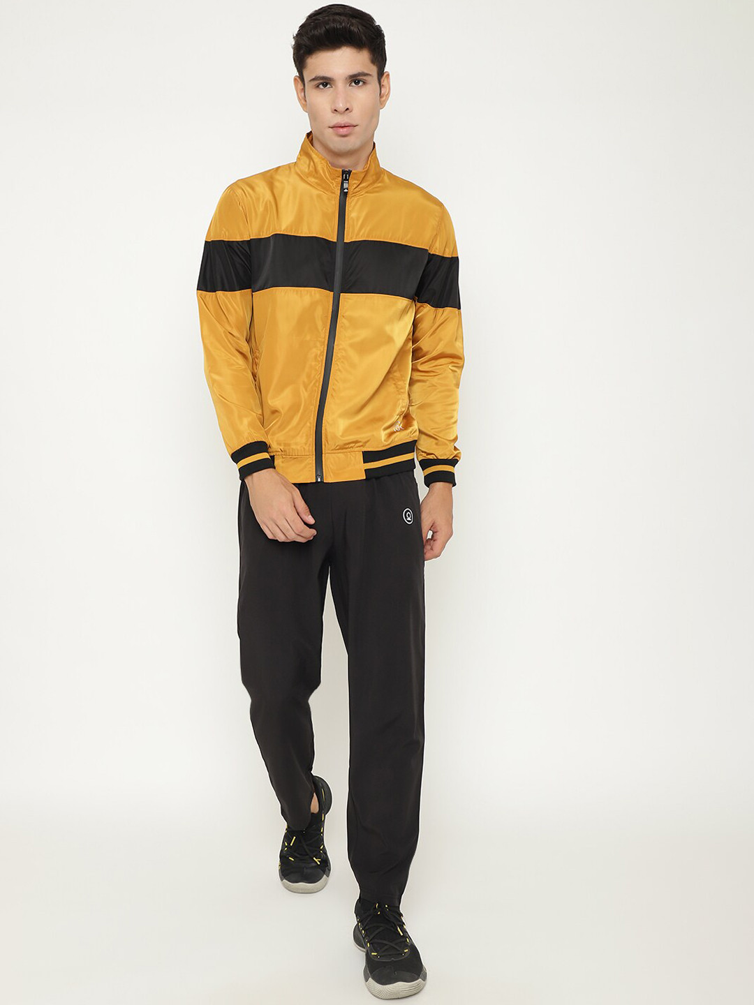 Buy Chkokko Men Black & Mustard Yellow Colourblocked Gym Tracksuit ...