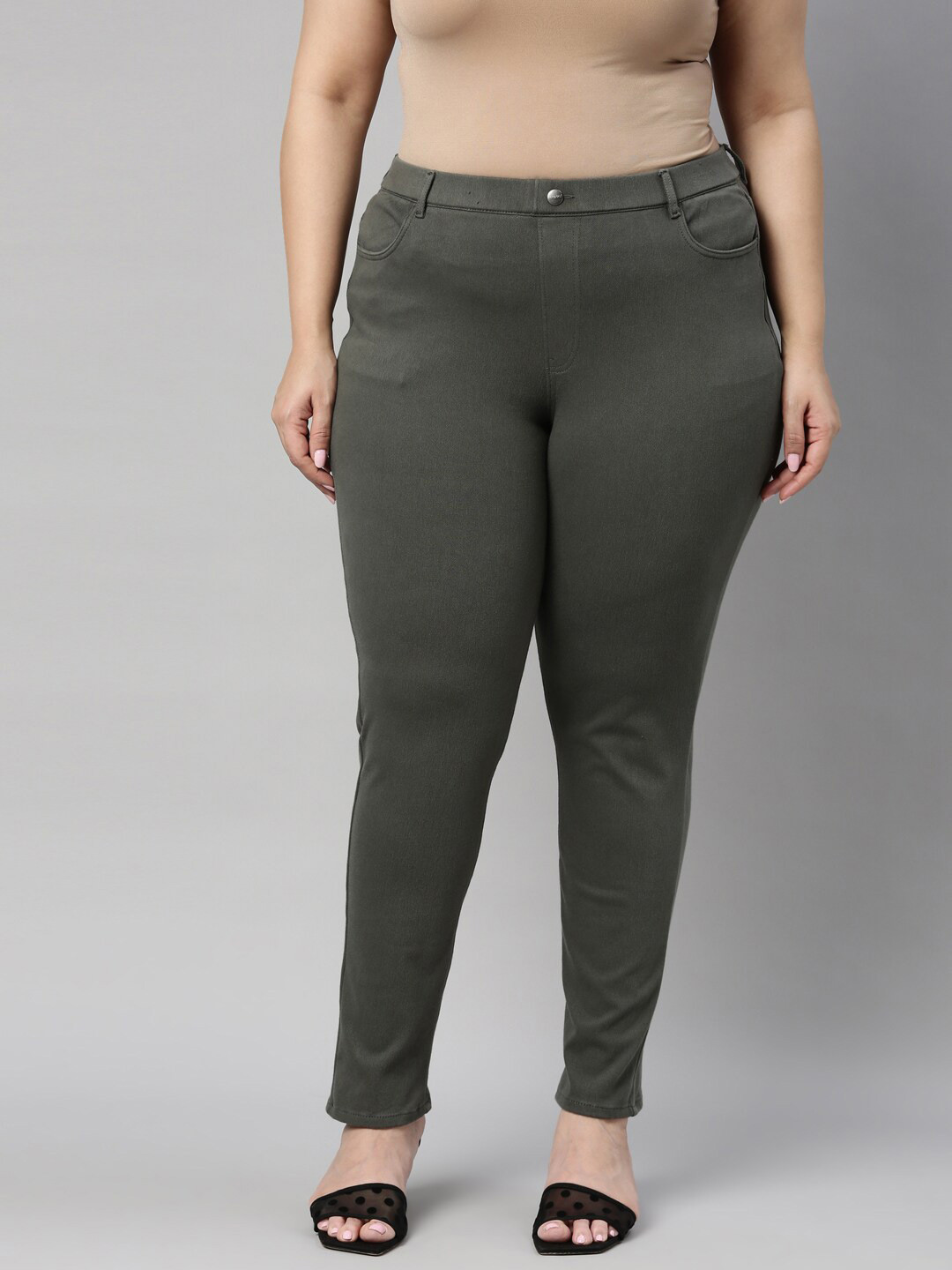 Buy Go Colors Women Olive Green Solid Slim Fit Denim Jeggings ...