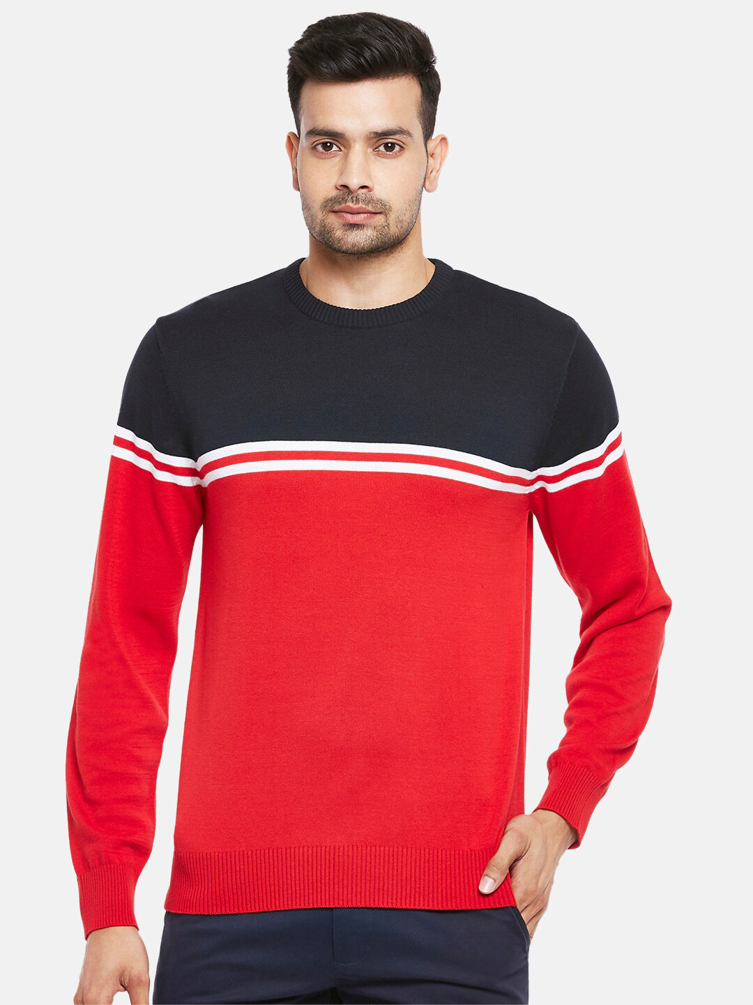 Buy BYFORD By Pantaloons Men Red & Black Colourblocked Pullover Sweater ...