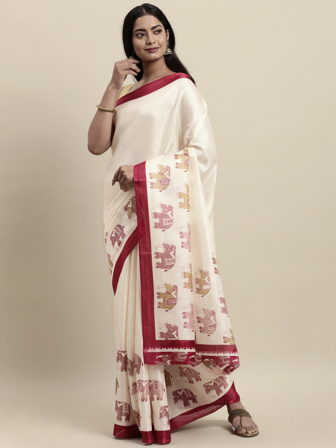 Buy KALINI Cream Coloured & Red Silk Blend Khadi Saree - Sarees for ...