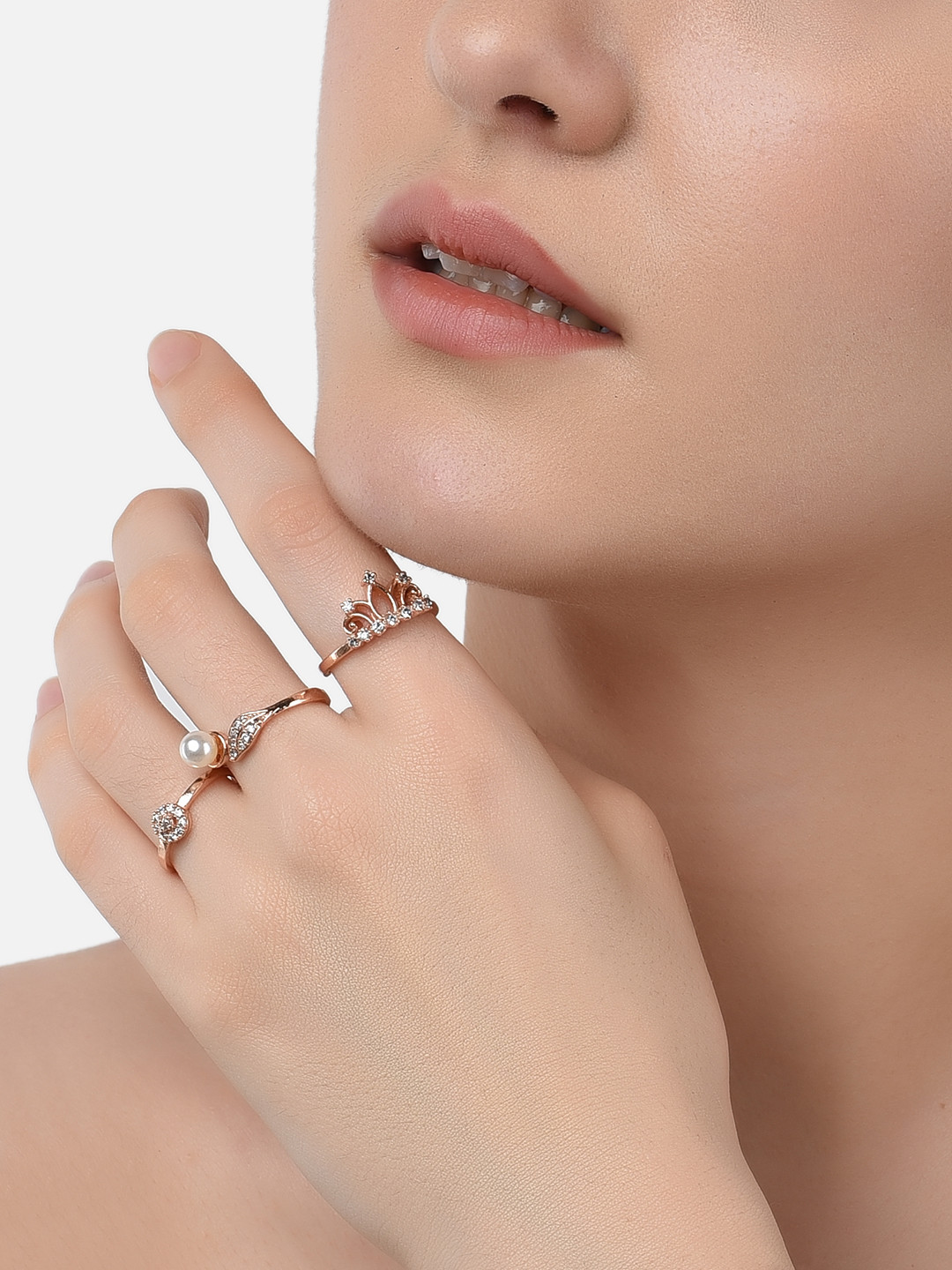 Buy AMI Set Of 3 Rose Gold Plated White CZ Studded & Beaded Adjustable ...