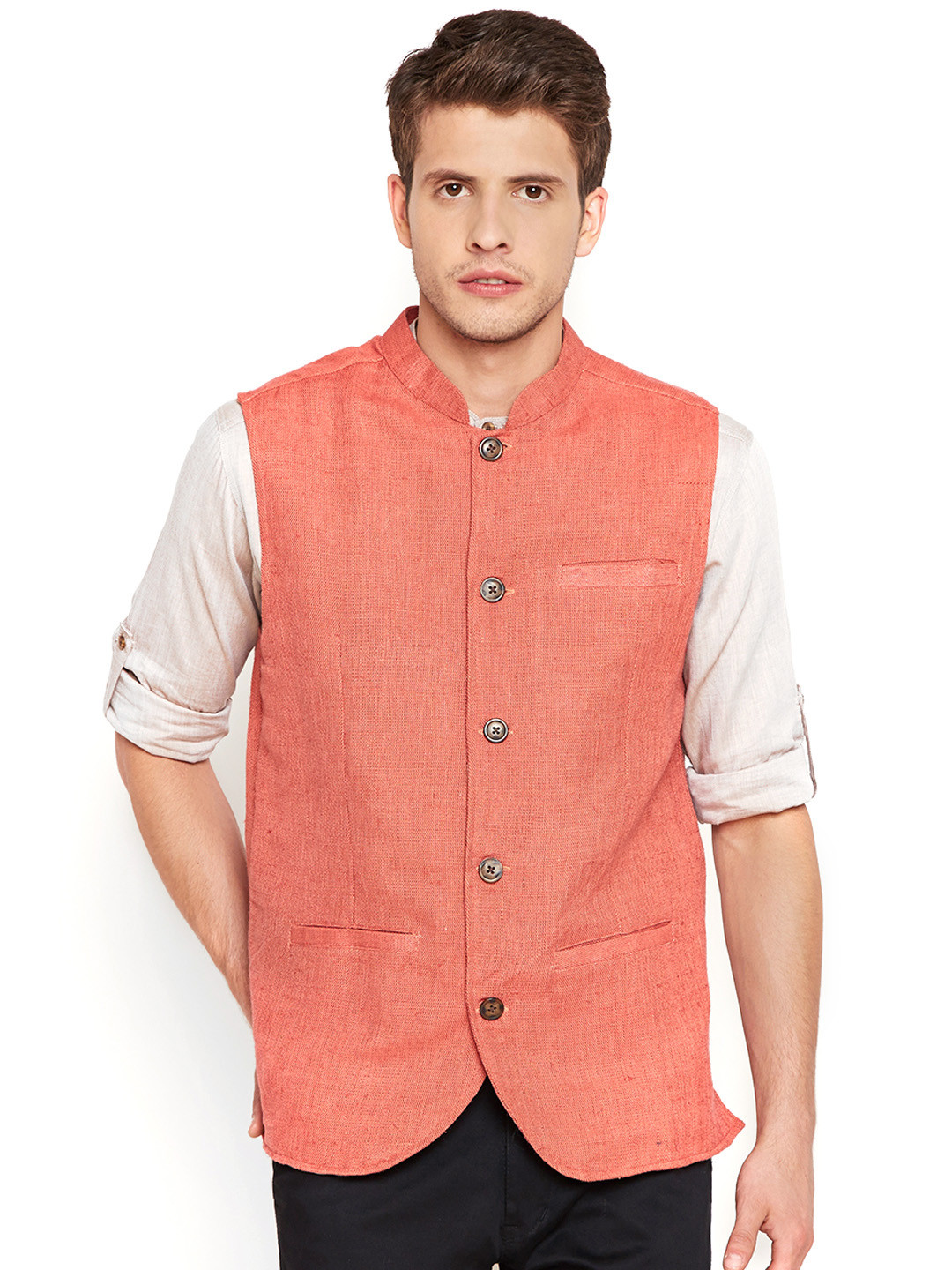 Buy Even Orange Sleeveless Jute & Linen Nehru Jacket - Nehru Jackets ...