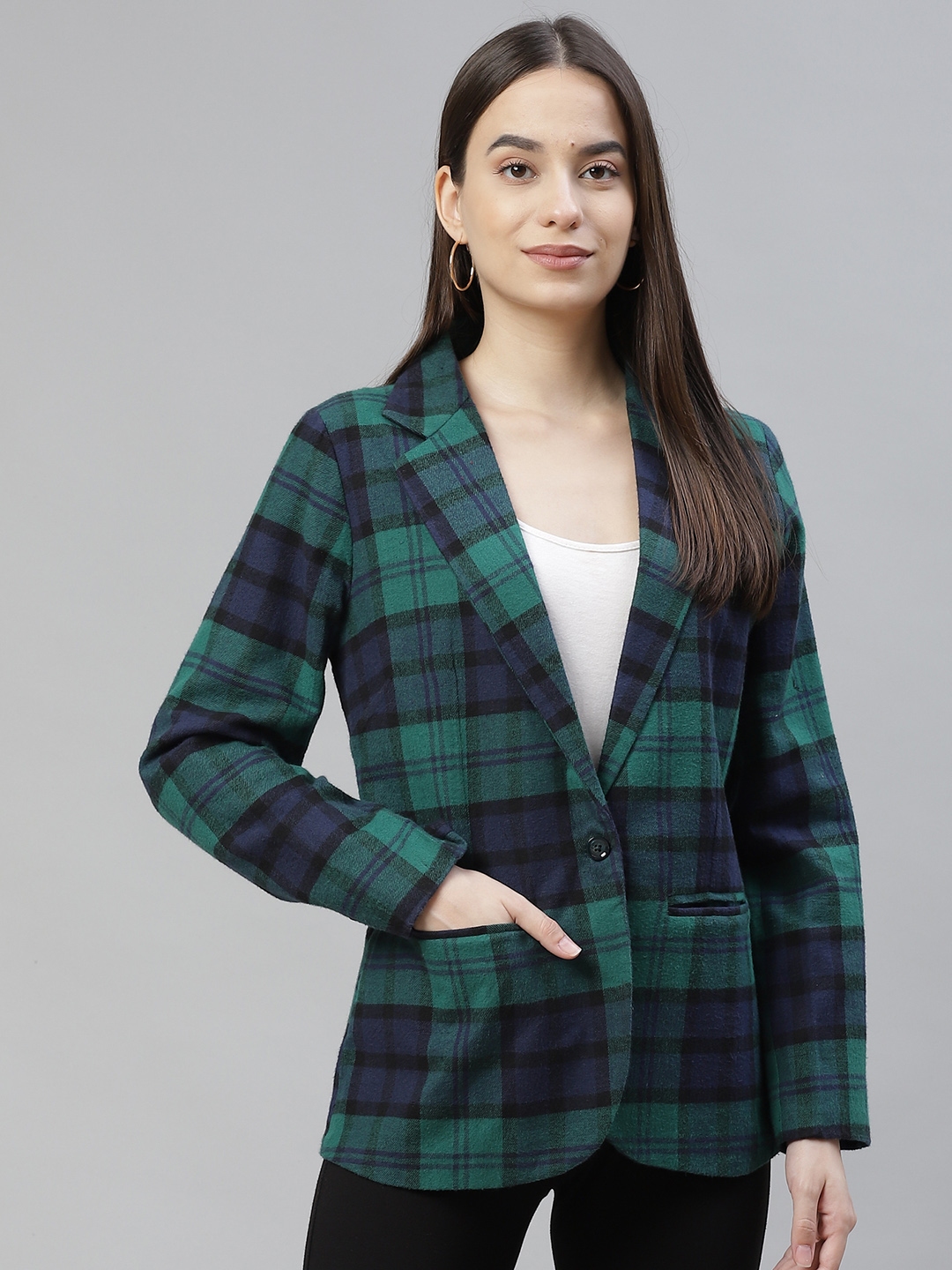 Buy Cottinfab Women Green And Navy Blue Checked Single Breasted Blazer